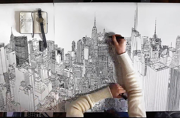 Timelapse video of an artist drawing NYC by hand.