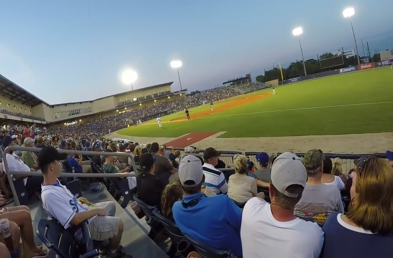 Fan catches a fly ball with one hand while filming with the other.
