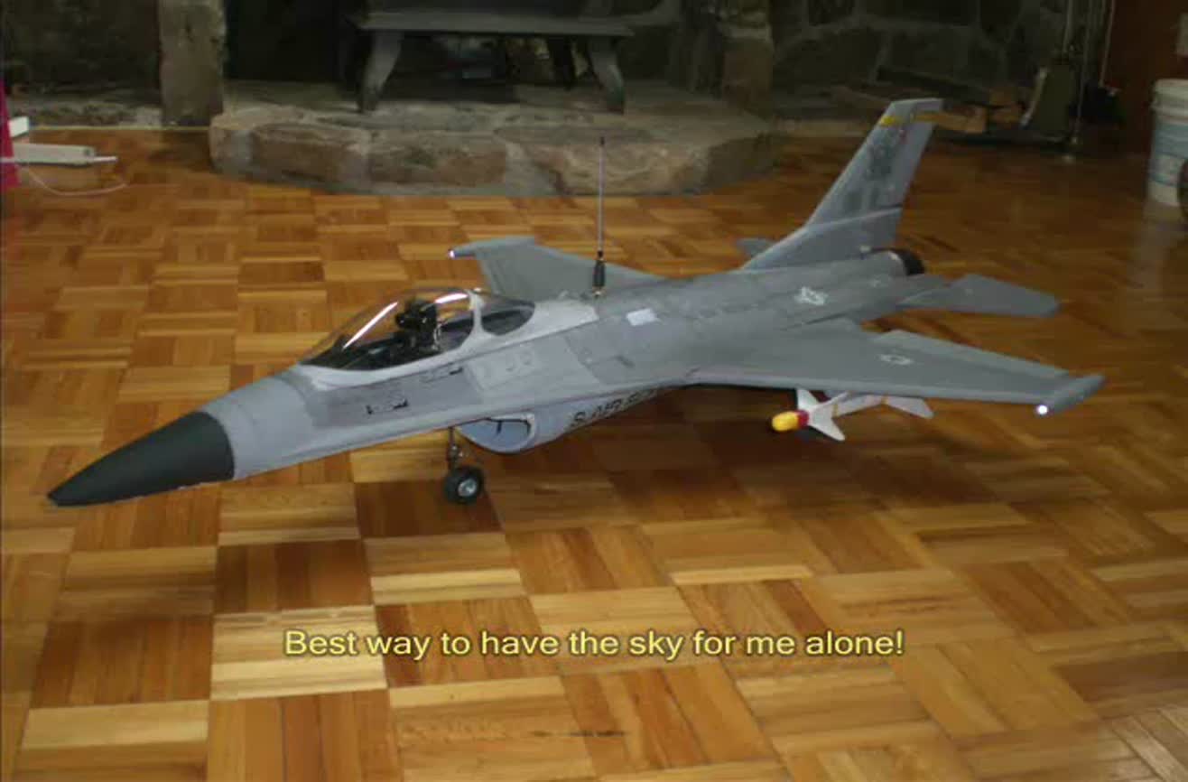 Strapping a camera to a remote controlled F-16.