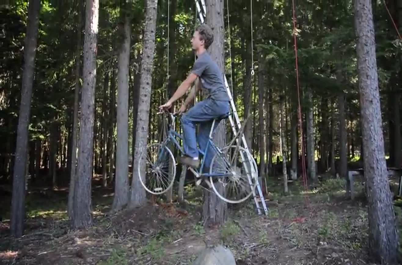Bicycle powered tree house elevator.