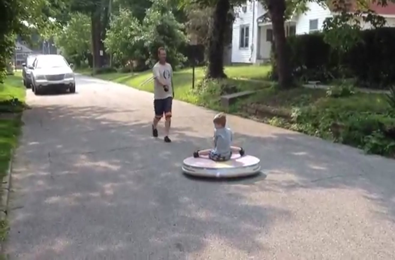 Dad makes a cool homemade hovercraft for his son.