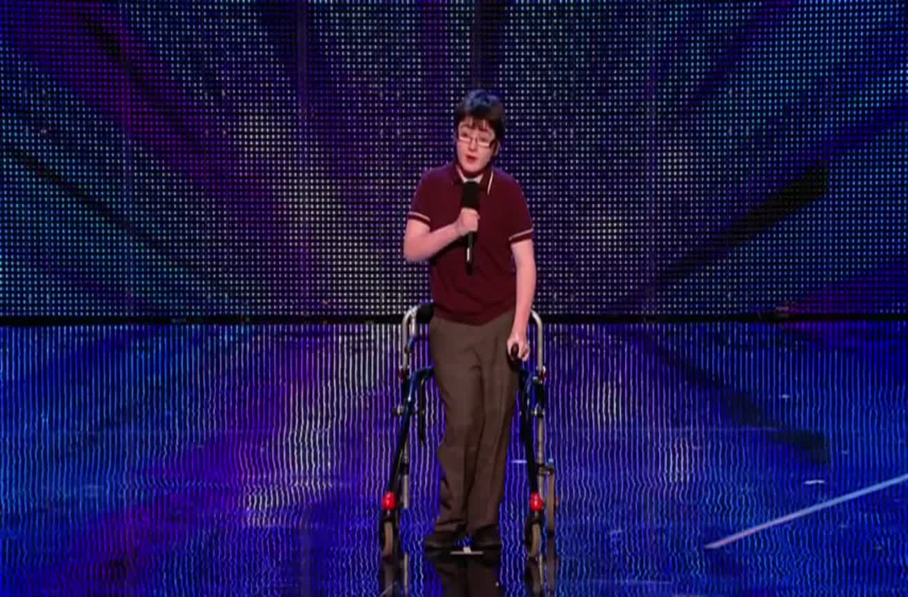 14-year-old disabled kid does a hilarious stand-up comedy routine.