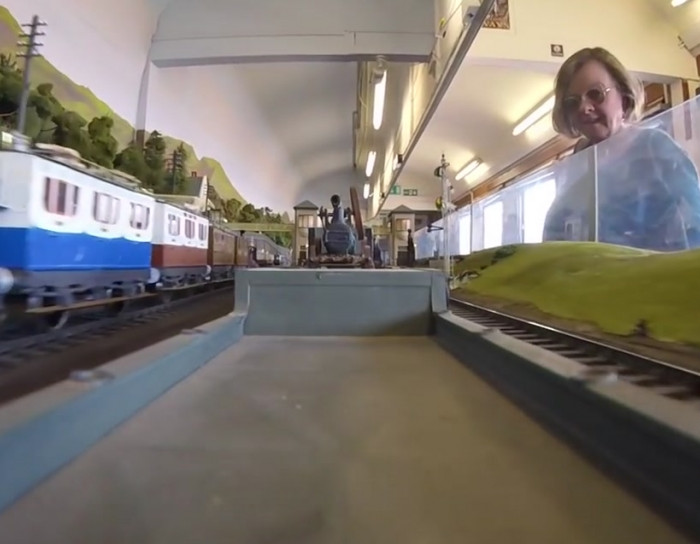 GoPro takes a ride on a model train.