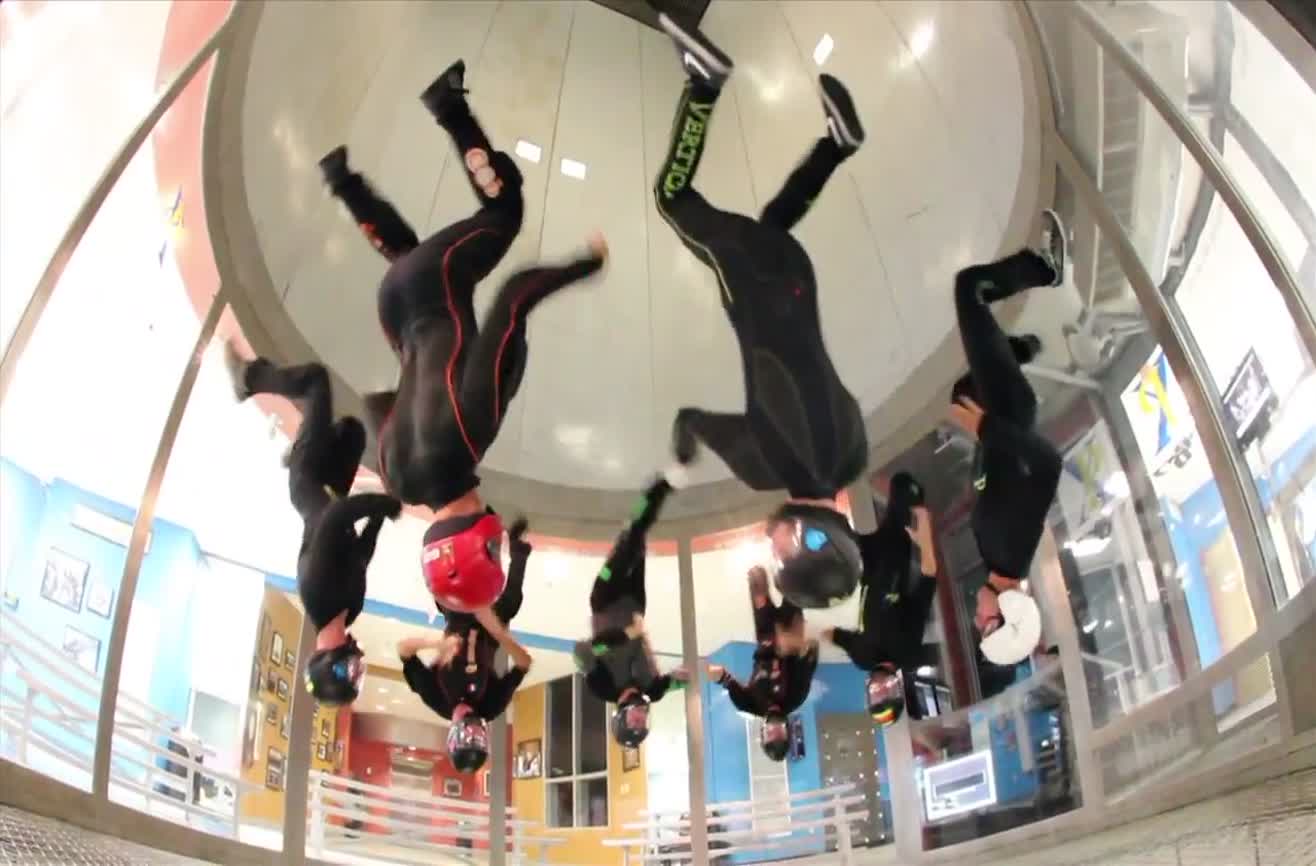 Skydiving team goes indoors to play.