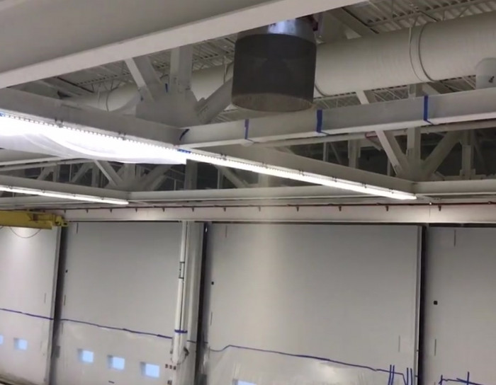 The fire suppression system in an eight-helicopter hanger.