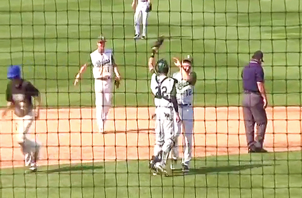 A cleverly designed trick play helps this team during a baseball game.