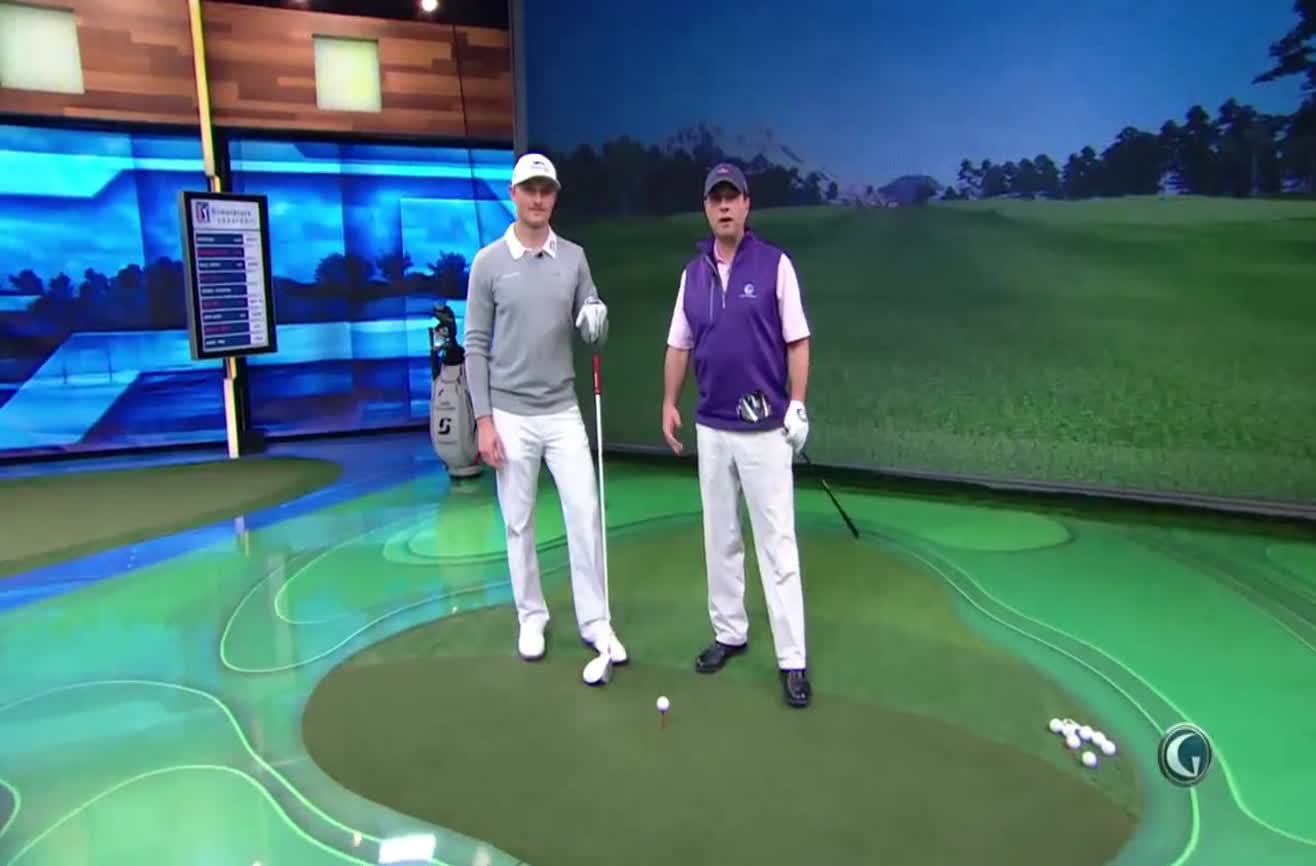 Professional golfer accidentally destroys TV show's golf simulator.