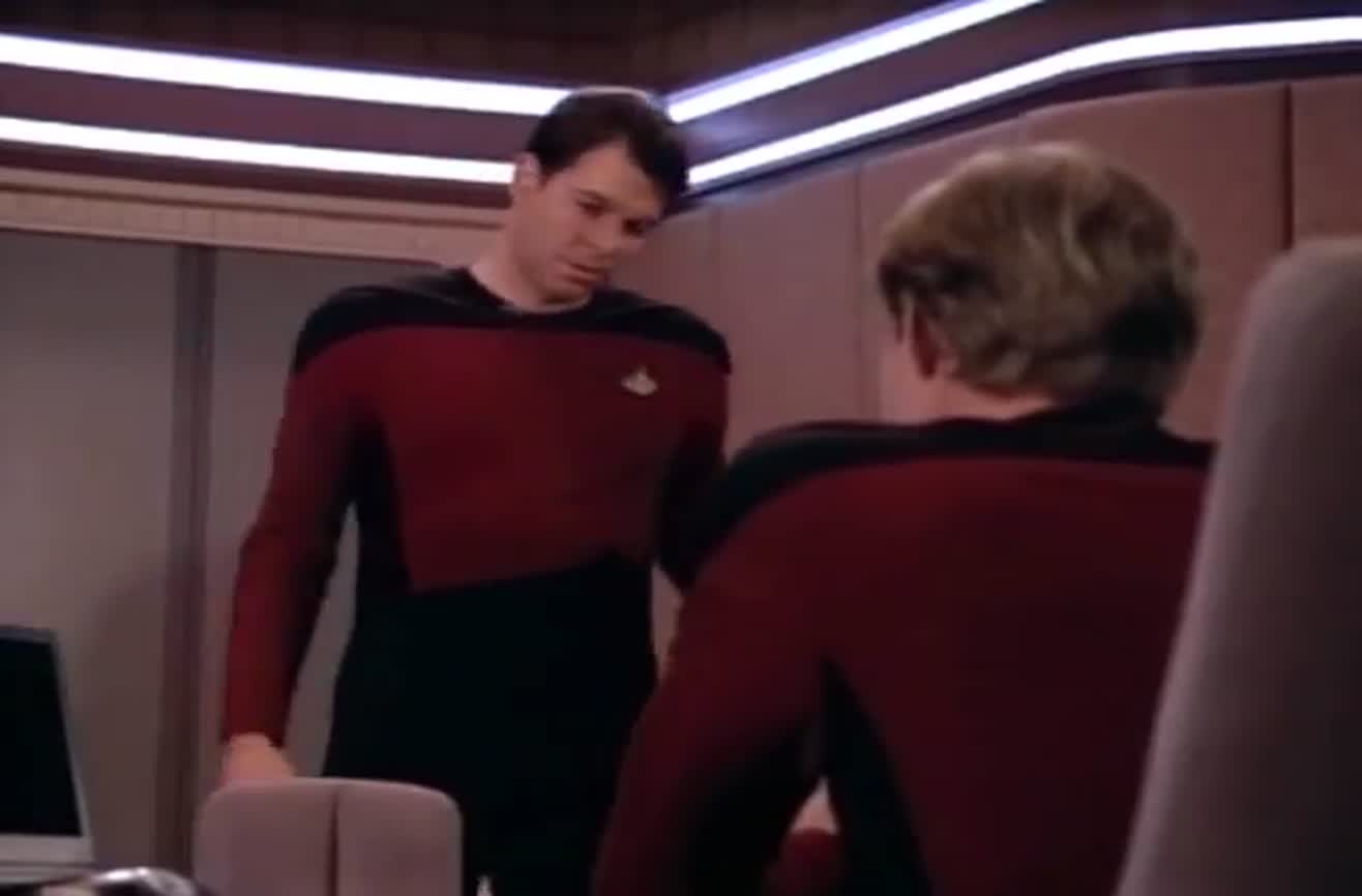 Riker always sits down with the leg over the backrest.