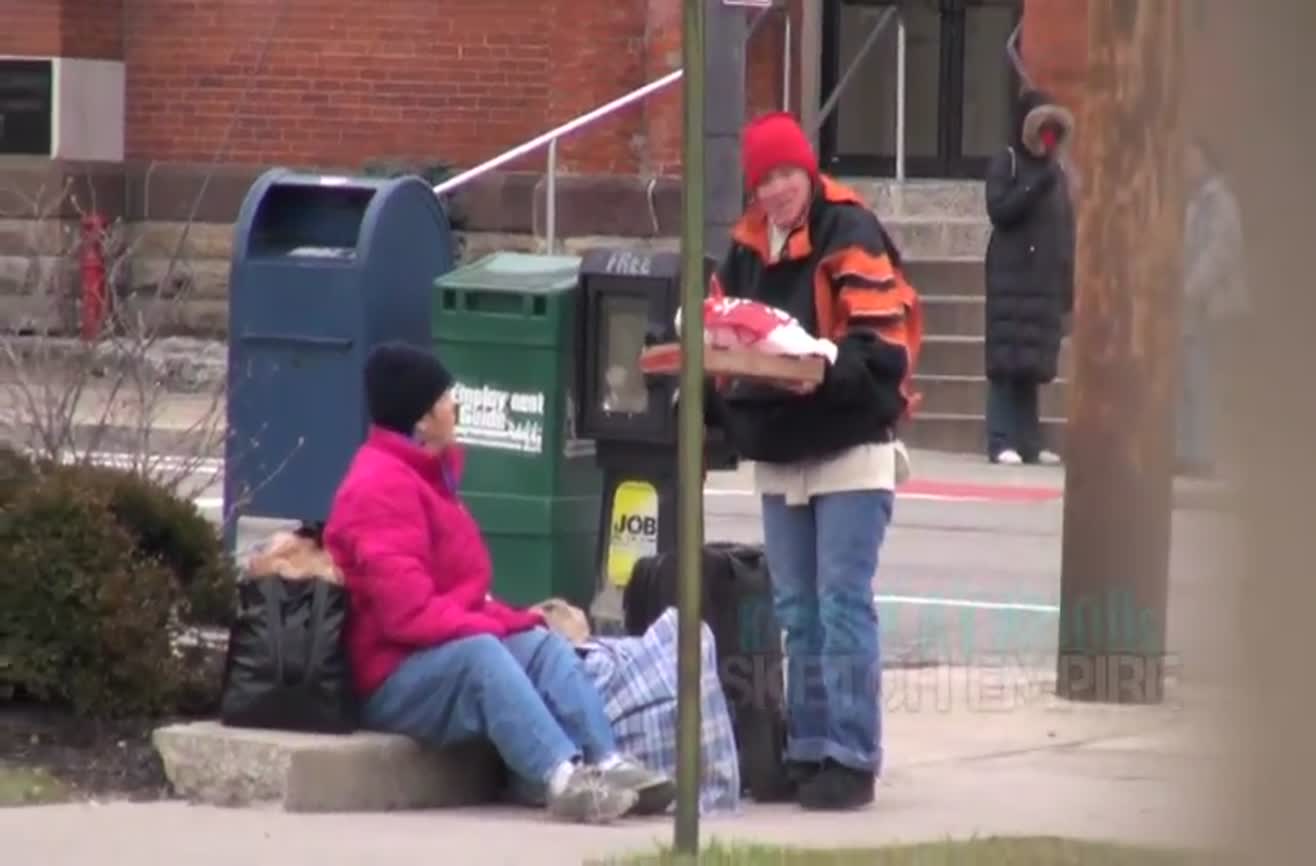 Feeding the homeless prank.
