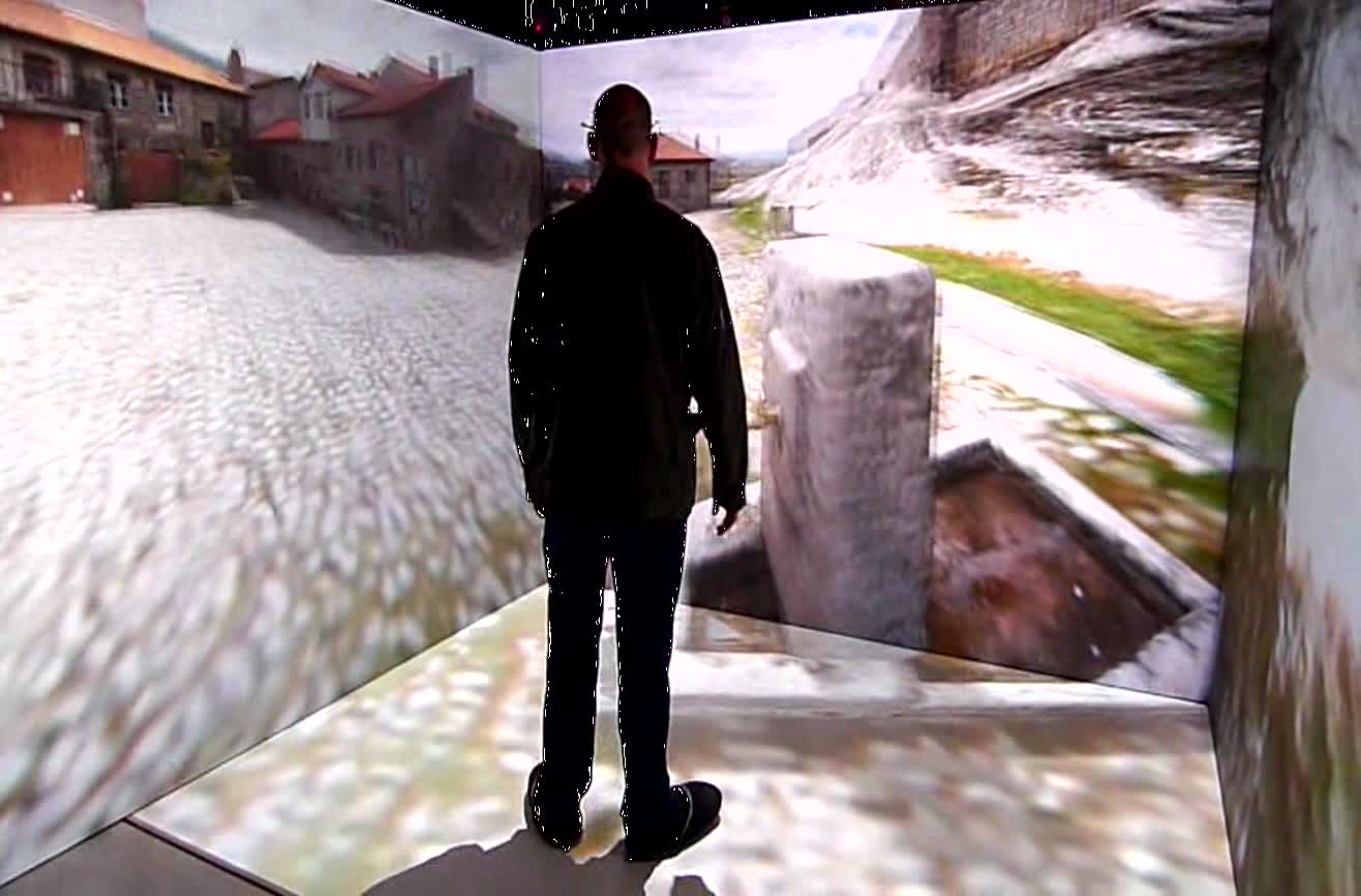 Expensive projectors create virtual 3D world.