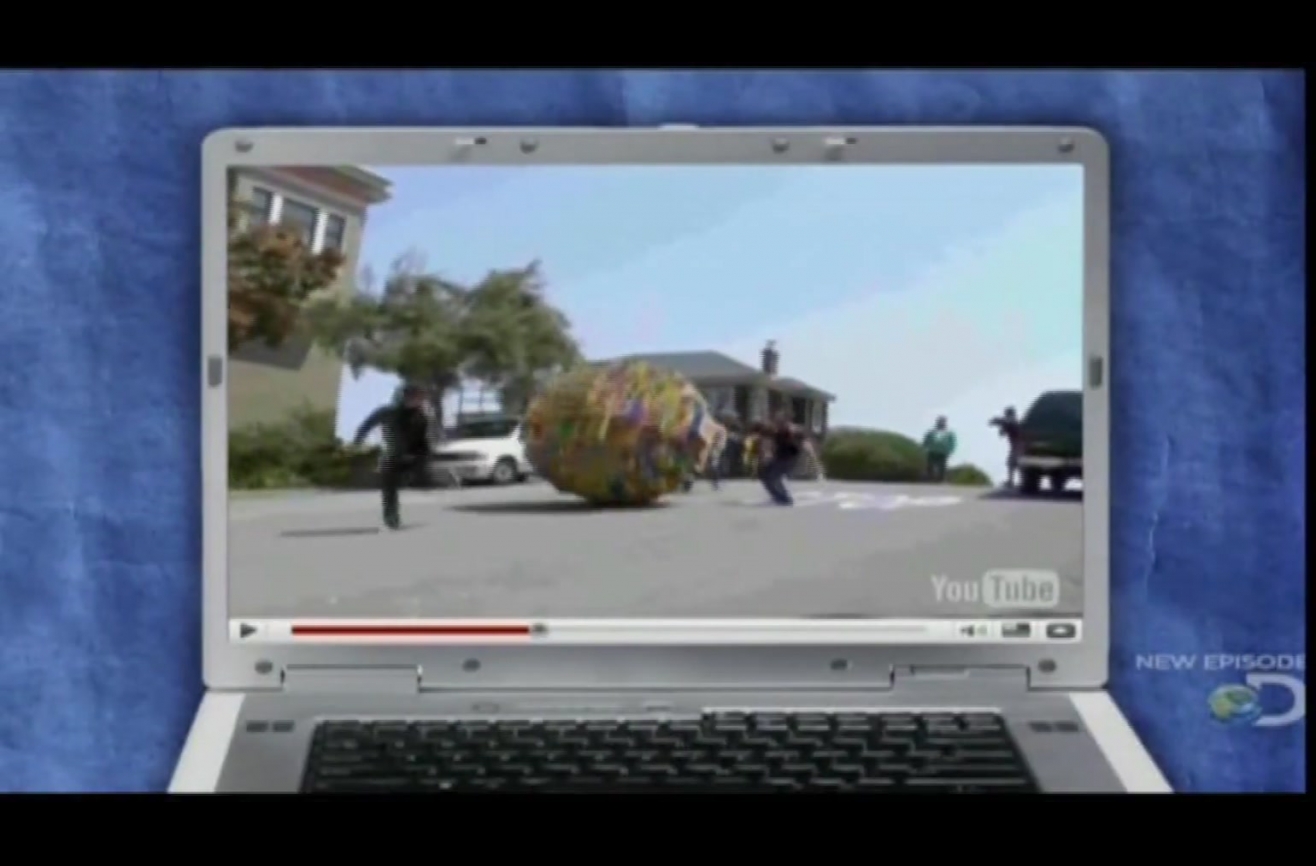 Mythbusters roll giant LEGO ball.