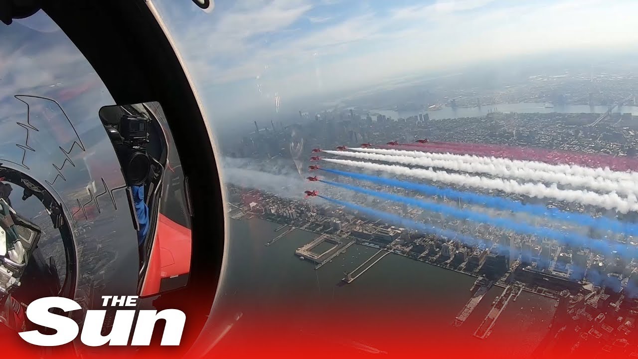 Pilot cam view of flying with Red Arrows over NYC