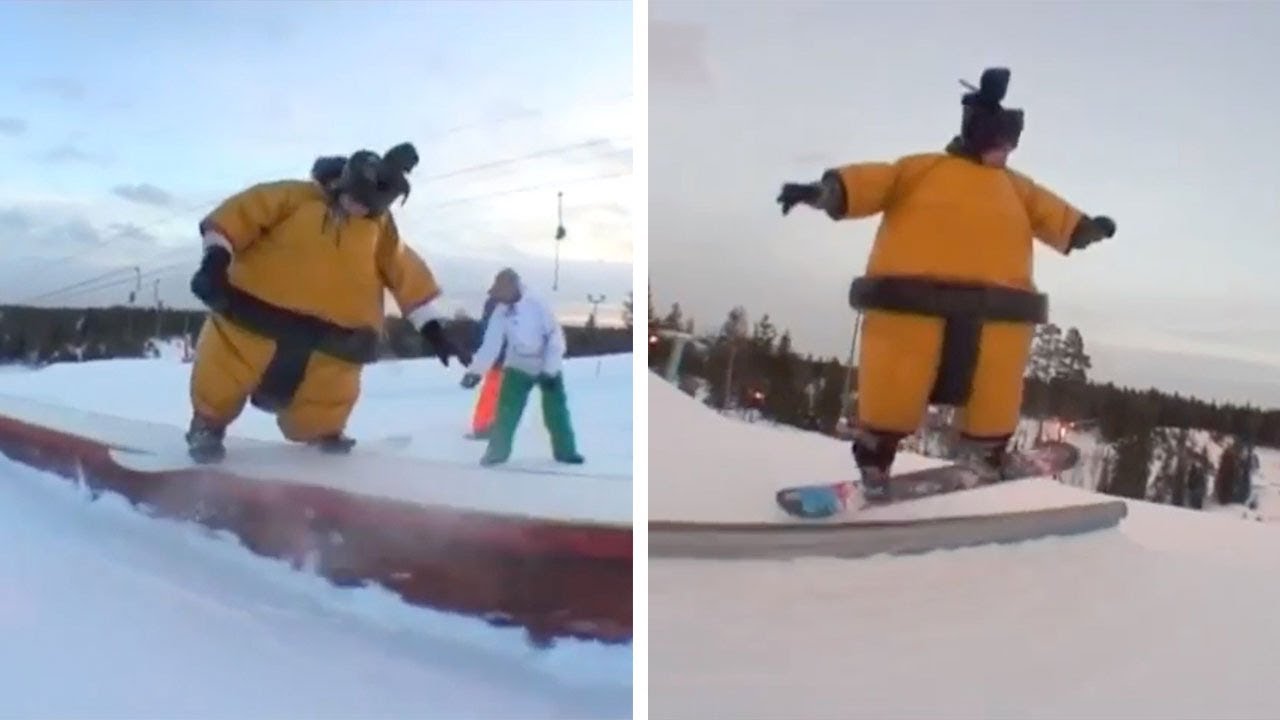 Pals go snowboarding in Sumo costumes