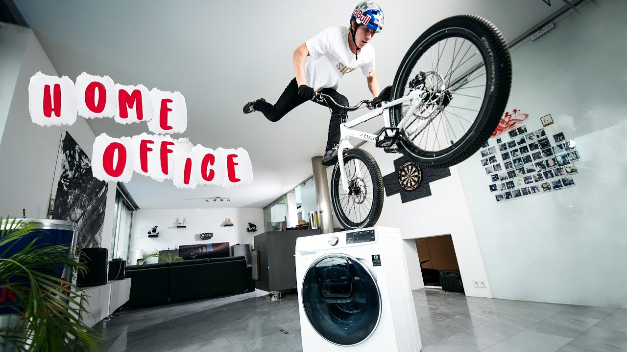 Pro bike rider performs original tricks in his "Home Office"