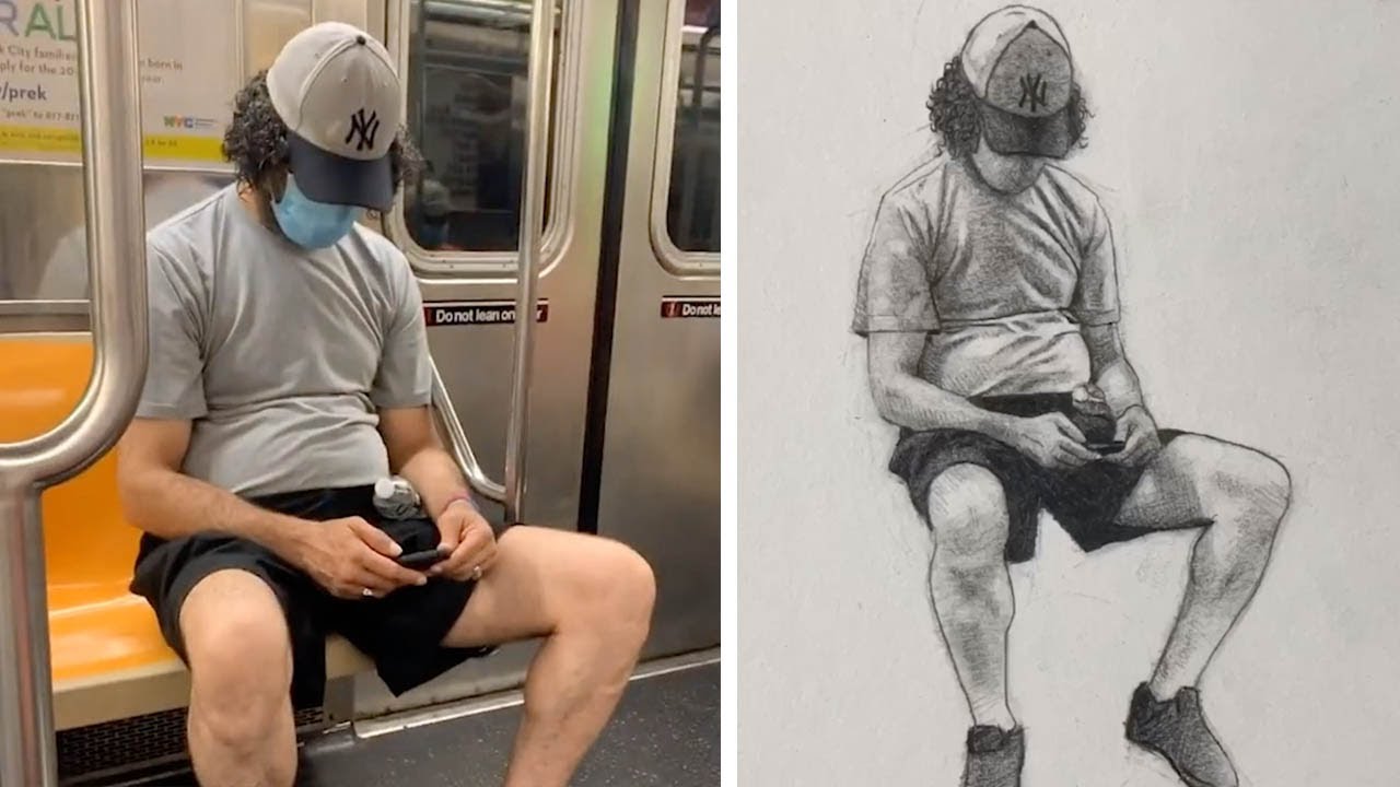 Artist's sketches people riding the subway
