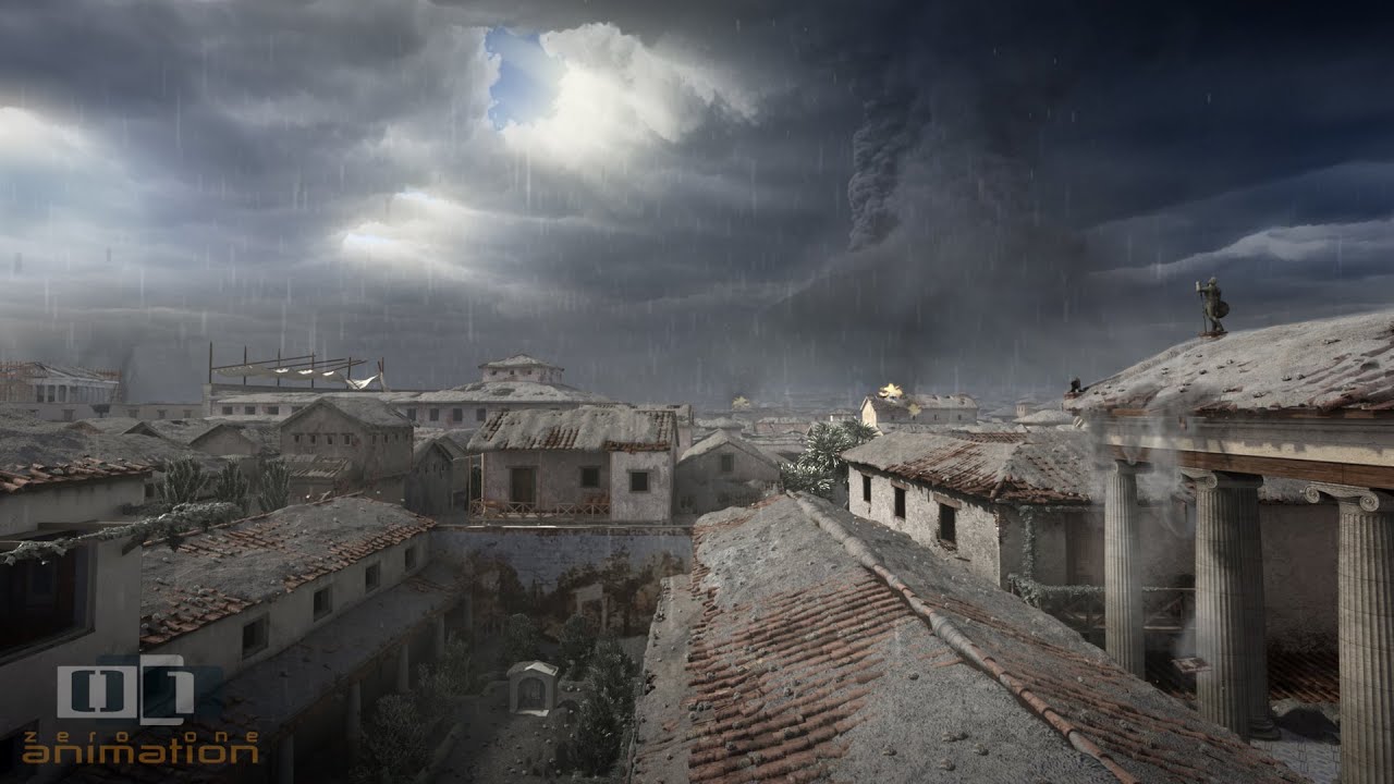 The destruction of Pompeii depicted in real-time animation