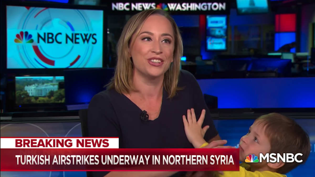 News correspondent live report interrupted by toddler son