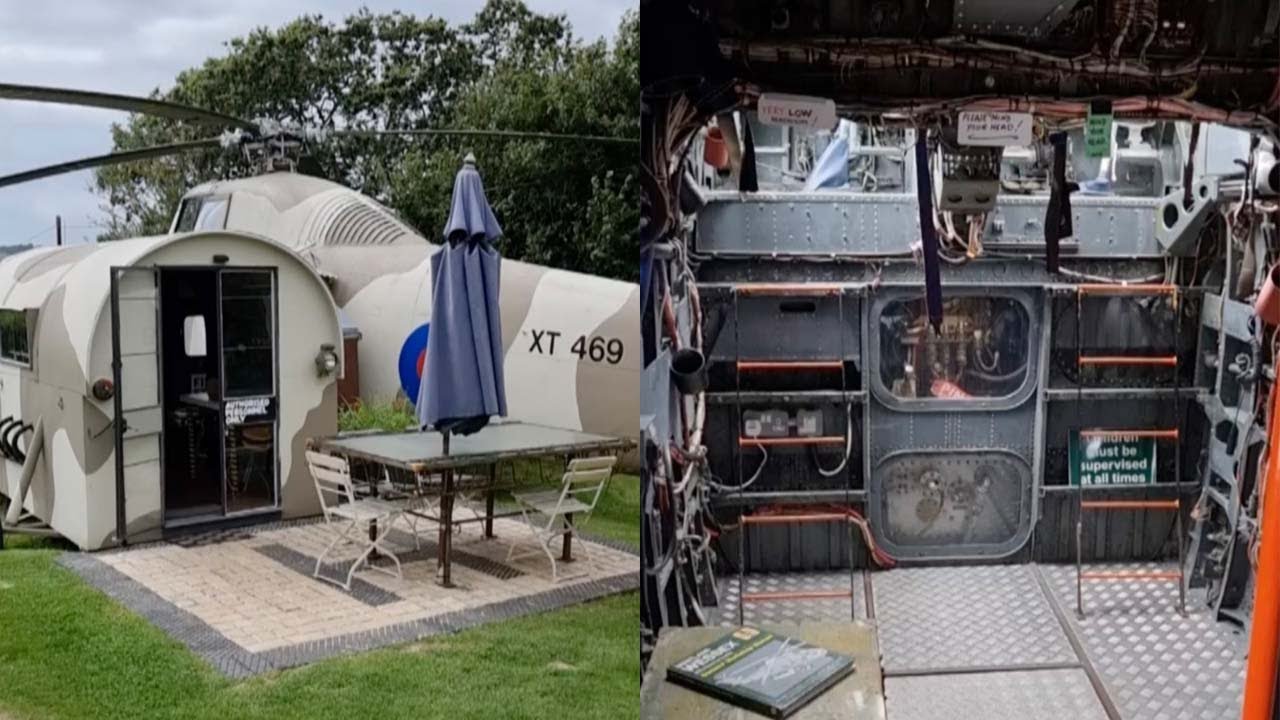 Father and son create cozy home from old helicopter.
