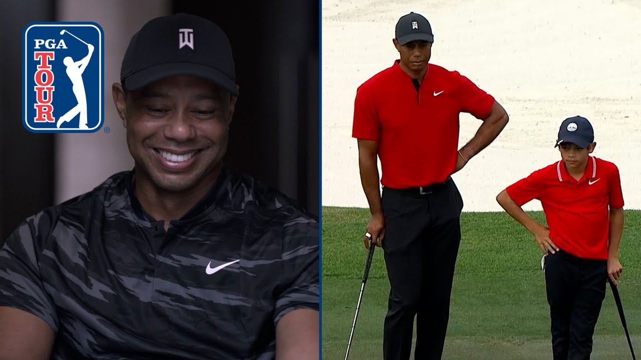 Tiger Woods reacts to his and son's mannerisms video.