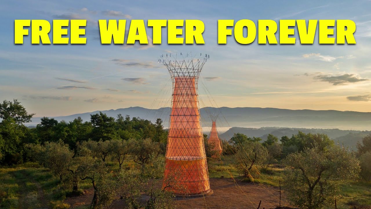 Bamboo and mesh towers harvest water from air.