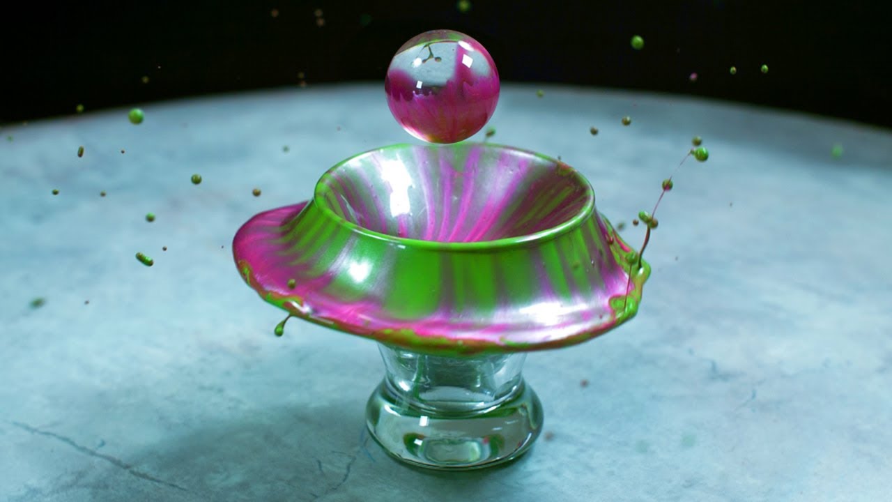 Colorful liquids explode in slow motion.