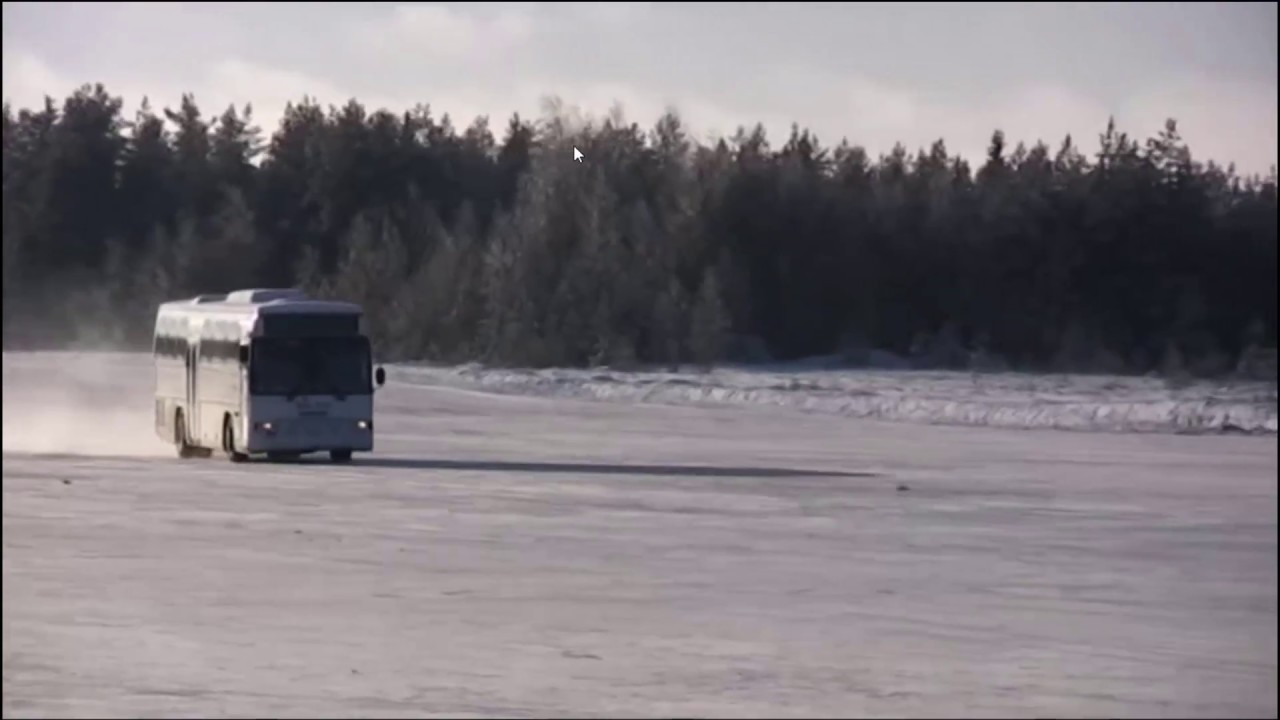 Bus spins 360 degrees on ice.