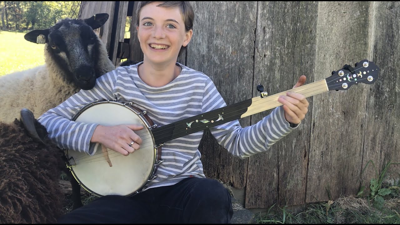 Girl plays fretless clawhammer banjo for barnyard animals.